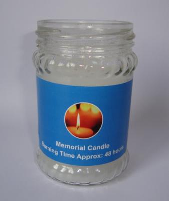 China 100% paraffin white unscnted memorial candle with 6.5x10cm glass candle with wrapping label for sale