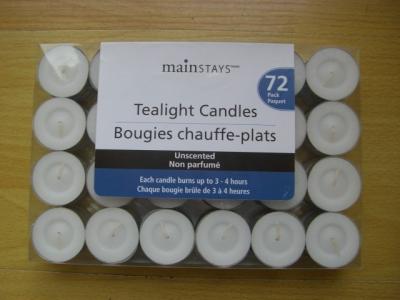 China 100% paraffin white 72pcs pack unsented tealight candle burning time for 3 hours for sale