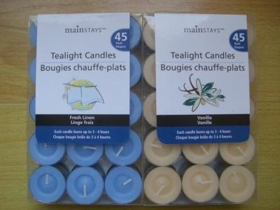 China 100% paraffin 45pack scented tealight candle with clear PVC/PET box and printed label for sale