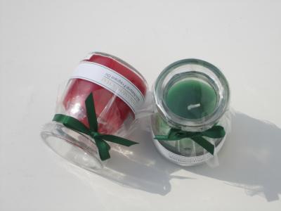 China 5.2x6.3cm Red & Green scented mini glass candle with printed label and green ribbon decor for sale