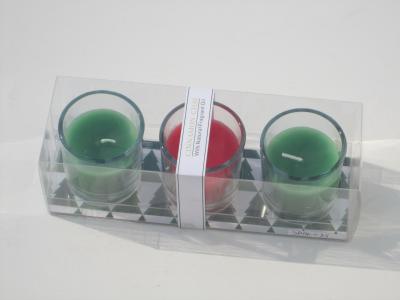 China 3pk Red & Green scented & assorted glass candle with printed label and packed into clear box for sale