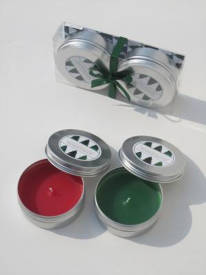 China 2PK Red & Green scented & assorted tin candle with printed label and packed into clear  box for sale