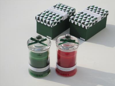 China Red & Green scented glass candle with printed label,ribbon decor and packed into gift box for sale