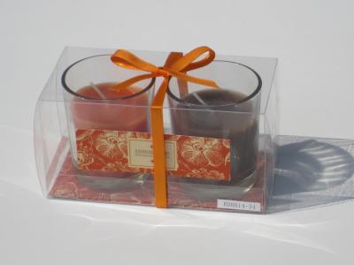 China 2pk Orange & Brown scented assorted glass candle with printed label,ribbon decor and packed into clear box for sale