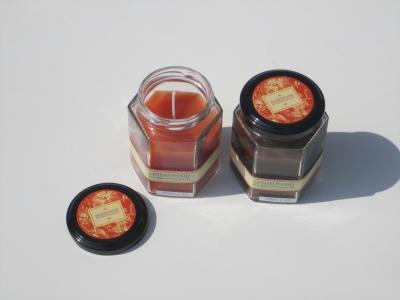 China Orange & Brown scented hexagon glass jar candle with printed label decor for sale