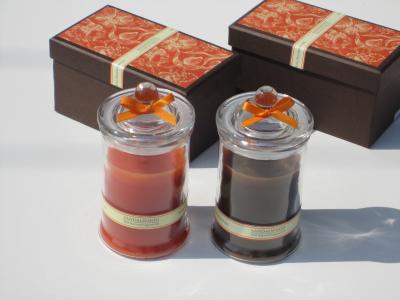 China Orange & Brown scented glass jar  candle with printed label,ribbon decor packed into gift box for sale