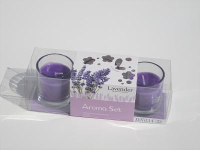 China 3pk  purple lavender fragrance glass jar  candle  with printed wrapping  label packed into clear box for sale