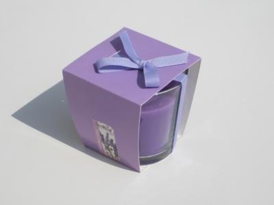 China purple lavender fragrance glass candle with printed  label packed into gift box for sale