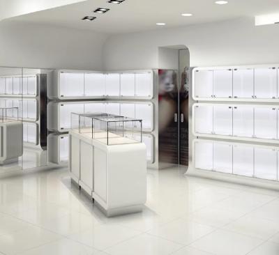 China Minimalist Pure White Rounded Corner Jewelry Watch Display Cases High End Custom Glass Showcases White Metal Frame Retail Store for sale
