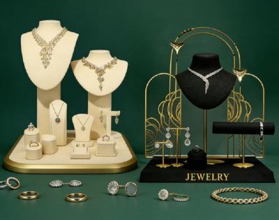 China Luxury Beige & Black Velvet Jewelry Display Set with Complete Bust Mannequin & Holder Kit and Gold Base for sale