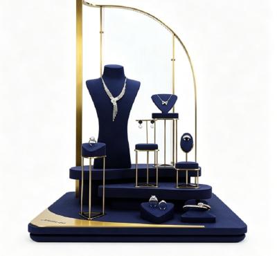 China Luxury Navy Blue Velvet & Gold Jewelry Display Stand, Tiered Showcase with Custom Logo for Retail Boutiques for sale