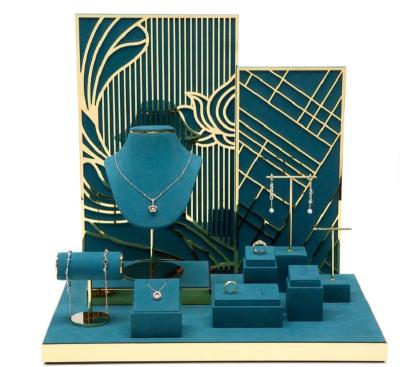 China Premium Brushed Gold Metal Frame Jewelry Display Set with Ultra-Soft Peacock Blue Velvet Lining and Ergonomic Necklace Bust Stand for sale