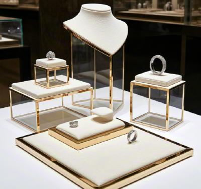 China Premium Polished Gold Metal Frame Jewelry Display Props with Clear Tempered Glass Panels and Ultra-Soft High-Density Velvet Lining for sale