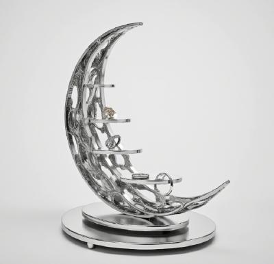 China Luxury Moon-Shaped Rotating Ring Display Stand 360 Rotatable Silver Metal Jewelry Organizer LED Lighting Durable High-End for sale