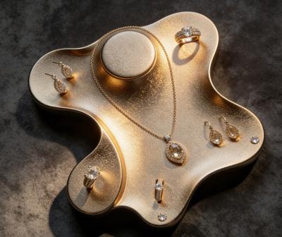 China Jewelry Display Stand with Custom Gold Plated Metal Tray and Velvet Insert for Luxury Jewelry Retail for sale