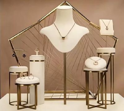 China Premium Beige Velvet Jewelry Display Set with Elegant Bronze Gold Metal Frame for Complete Multi-Jewelry Showcase for sale