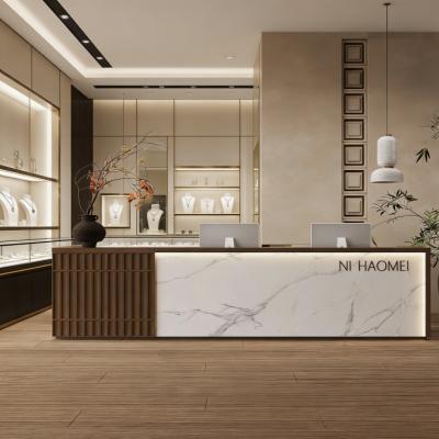 China Customizable Luxury Wooden Jewelry Counter with Elegant LED Lighting and Space-Saving Design for Showrooms for sale
