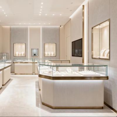 China Customized Size Eco-Friendly Jewelry Display Cabinet with Adjustable Glass Shelves and Stainless Steel Frame for sale