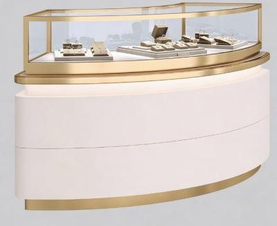 China Luxury Gold Frame Glass Jewelry Showcase with White Leather Base LED Lighting for Retail Stores & Luxury Malls for sale