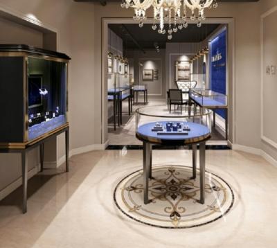China Custom Luxury Jewelry Store Interior Design, Full Store Layout with Black & Gold Showcase Furniture for Boutiques for sale