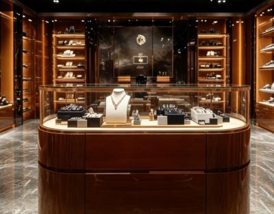 China Luxury Solid Wood Oval Island Jewelry Display Cabinet with Ultra-Clear Glass and High-CRI LED Lighting for 360° Viewing for sale