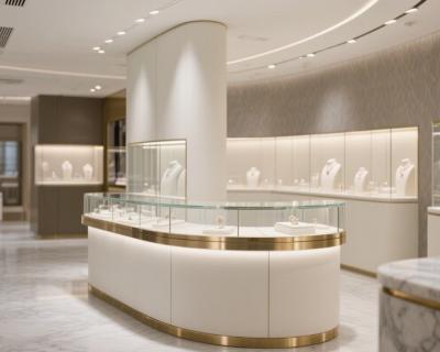 China Curved Island Customizable Jewelry Display Counter | Cream Body with Gold Trim | Glass Showcase LED Lights for Retail Store Mall for sale