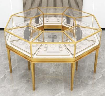 China Luxury Octagonal Glass Jewelry Display Table Gold Frame LED Durable High Quality Circular Showcase for Jewelry Stores for sale