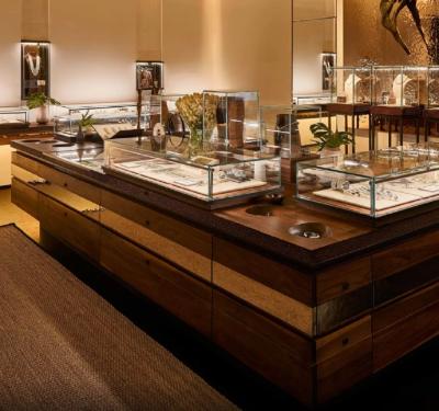 China Wabi-Sabi Dark Walnut Natural Texture LED Jewelry Display Case with Customized Glass Showcase for High-End Retail Stores for sale