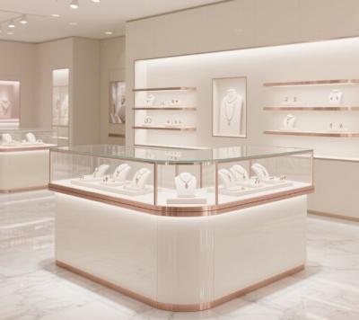 China Luxury Rounded Corner Cream Rose Gold LED Lighting Jewelry Display Counter for Retail Shop for sale