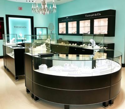 China Custom Black and Silver Tone Jewelry Display Cabinet with Premium Ultra-Clear Tempered Glass and Built-in LED Lighting System for Luxury Jewelry Stores for sale