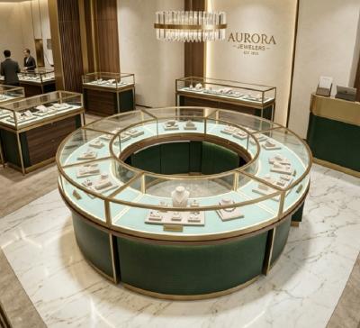 China Luxury Jewelry Display Cabinet with Premium Emerald Green Leather & Brushed Gold Frame, Ultra-Clear Tempered Glass Enclosure, and Built-in High-CRI LED Lighting System for sale