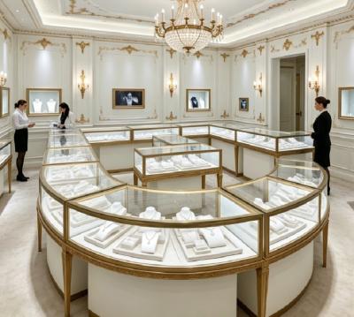 China Custom Luxury Jewelry Display Case with Gold-Plated Frame, Ultra-Clear Tempered Glass, and Velvet Lining for sale