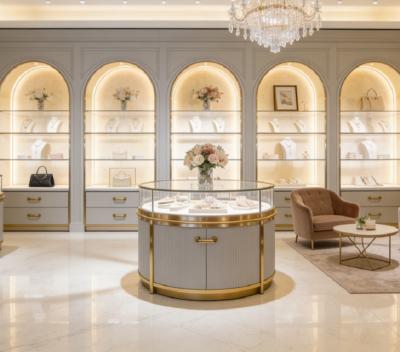 China Premium Curved Glass Jewelry Display Counter with Hand-Carved Gold Frame and Dimmable LED Lighting for sale