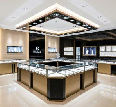 China Custom Luxury Square Jewelry Display Counter, Premium Gold & Black Stainless Steel Glass Showcase for High-End Jewelry Boutique for sale