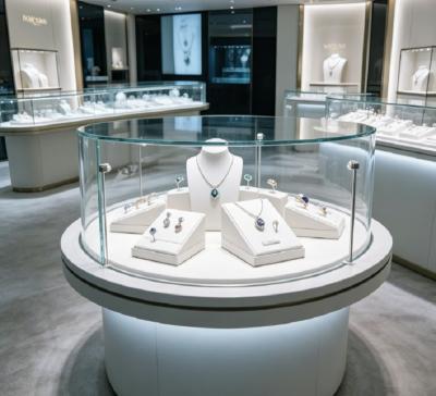 China Elegant Modern Jewelry Display Counter with Ultra-Clear Curved Tempered Glass and Built-in High-CRI LED Lighting System for Luxury Velvet Display Trays for sale