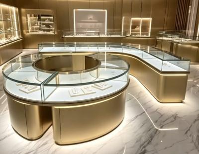 China Factory Manufacturer Jewelry Shop Interior Design LED Lighting Gold Store Display Shelf Vitrine Glass Showcase for Sale for sale