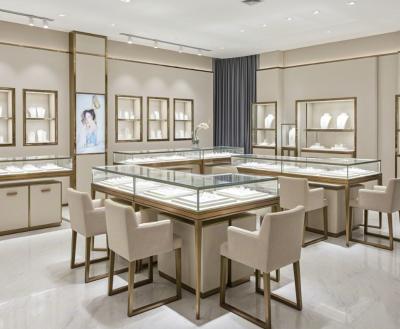 China Modern Luxury Jewelry Display Counter with Tempered Glass LED Lighting and Customizable Design for Mall Use for sale