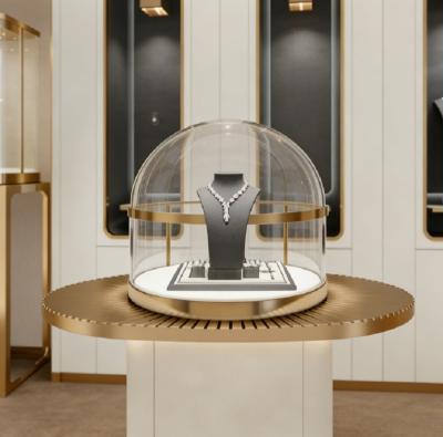 China Custom Glass Dome Jewelry Display Case with Gold Plated Metal Frame and Integrated LED Illumination for Luxury Jewelry Showcase for sale