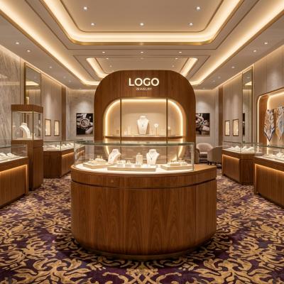 China Curved Wooden Jewelry Island Counter with Glass Display Cabinets and LED Lighting for sale