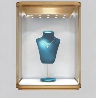 China Luxury Gold Metal Jewelry Display Cabinet with Tempered Glass and Solid Wood LED Lighting Showcase for sale