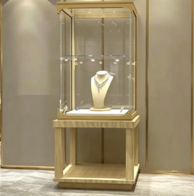 China Luxury Jewelry Display Case with Natural Solid Wood Base Ultra-Clear Tempered Glass and Built-in High-CRI LED Lighting for sale