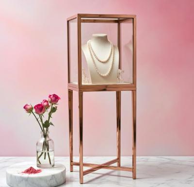 China Luxury Rose Gold Stainless Steel Jewelry Display Case with Ultra-Clear Tempered Glass and Velvet Display Base for sale