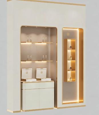 China Premium Beige & Gold Jewelry Showcase Wall Shelf with LED Lit Niche & Drawers Customizable Display Cabinets for Retail for sale