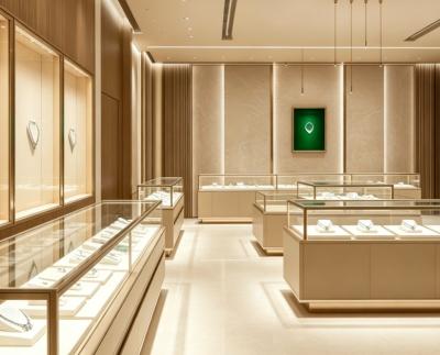 China Custom High-End Jewelry Display Cabinet with Premium Warm Gold & Wood Aesthetic and Ultra-Clear Low-Reflection Tempered Glass for sale