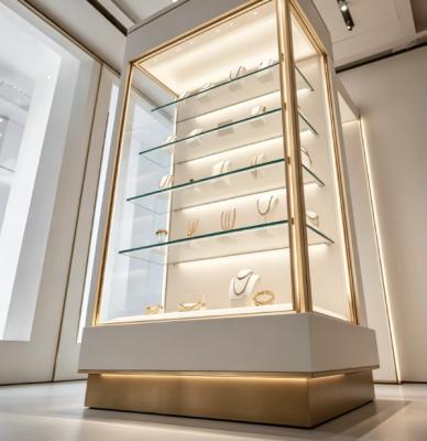 China Adjustable Glass Shelves Wall Mounted Display Case with 50kg Per Shelf Weight Capacity and Built-in High-CRI LED Spotlight for sale