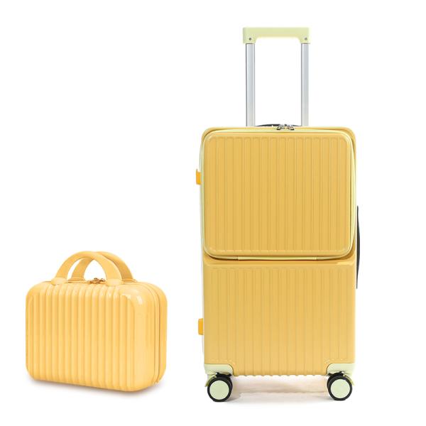Quality 2 pieces set Front-Open Pocket versatile travel luggage Laptop Trolley Carry-On Size (yellow, 20