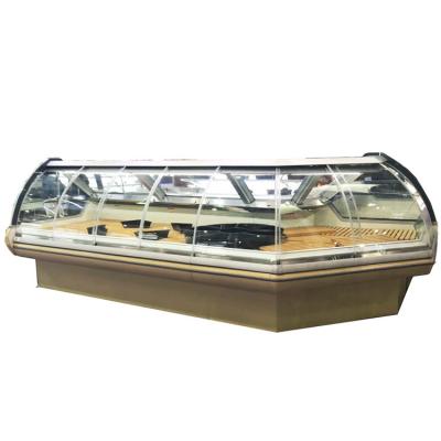 China Horizontal Butcher Refrigerator with Inside/Outside Corner for Supermarket Cooked Foods Display for sale
