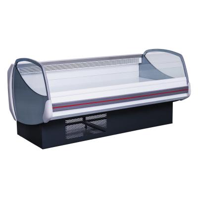 China Front Curved Glass Fan Cooling Front Display Chiller For Sausages aberto à venda