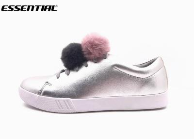 China lace up with pompoms ladies Classic Casual sneaker silver textured PU for sale