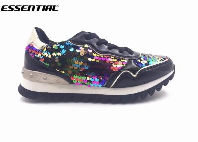China Black lace up luxury ladies casual shoes multi color sequins and shiny PU for sale